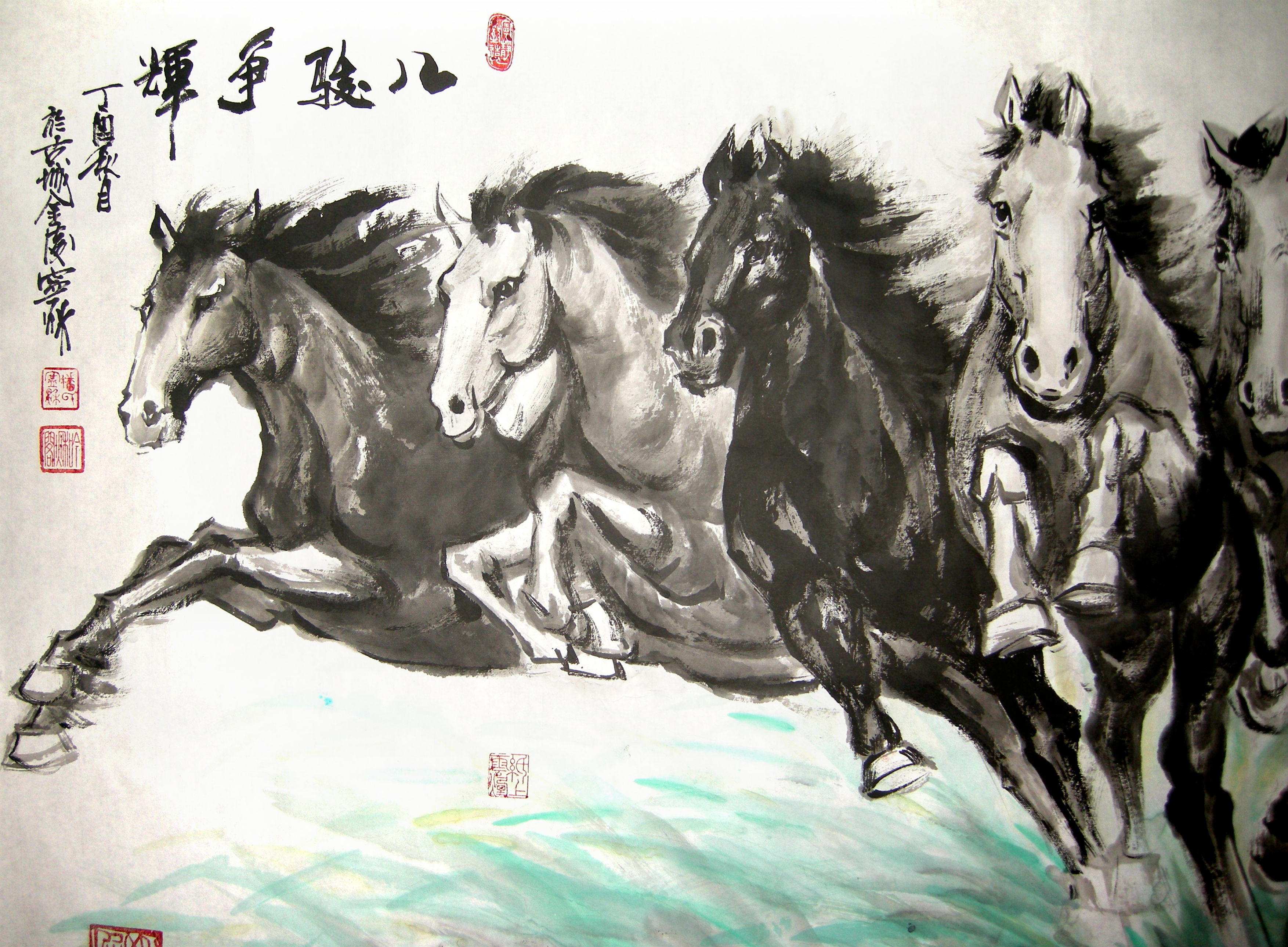潘宁秋日记:我的国画马系列《八骏争辉》 四尺整张138cmX69cm_兴艺堂
